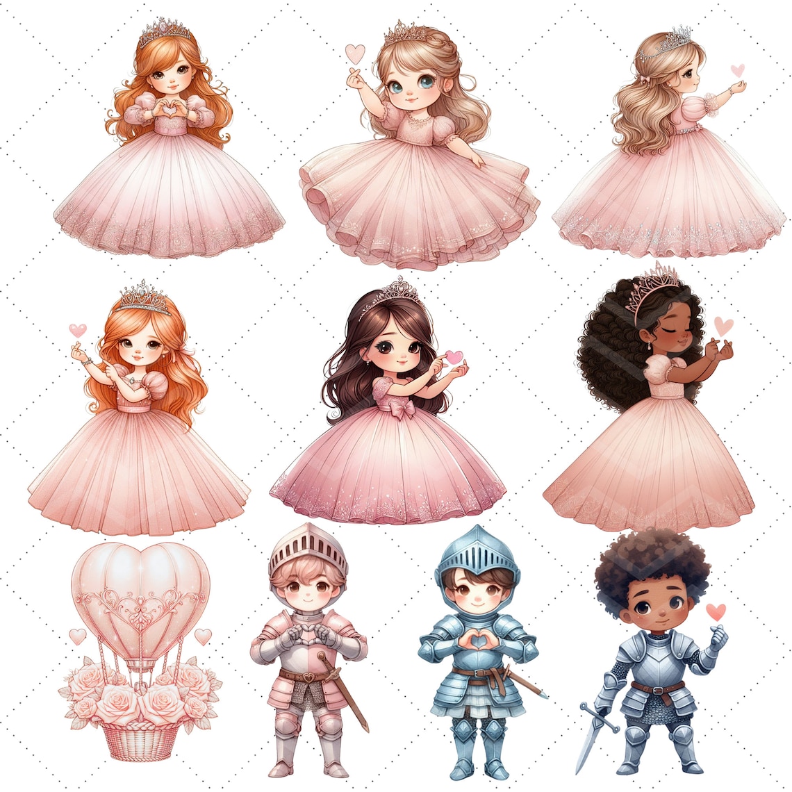 Pink Heart Princess Clipart Bundle: Watercolor Girls (digital Download ...