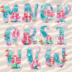 Cute Watercolor Mermaid Birthday Clipart Bundle PNG, Mermaid Alphabet ...