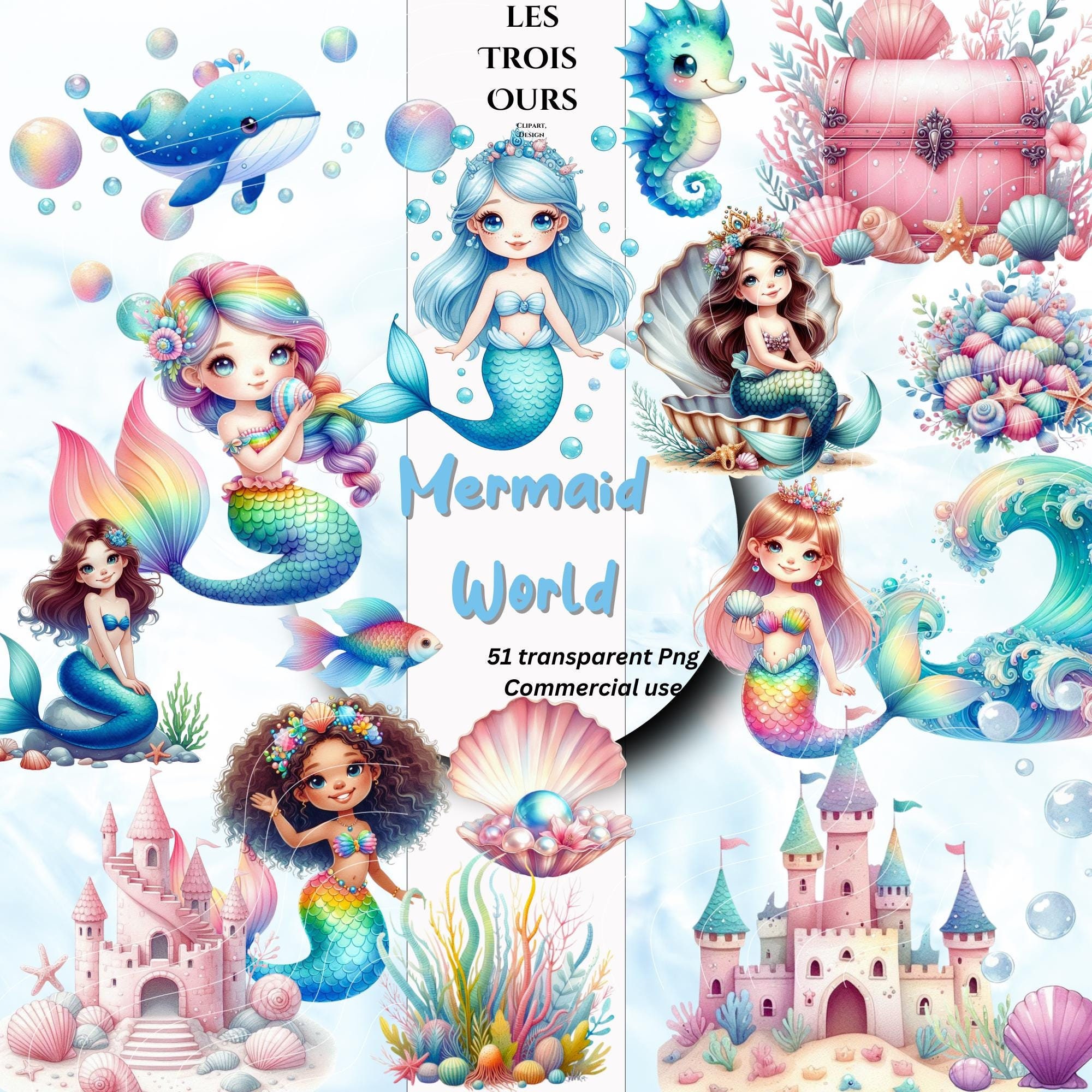51 Cute Mermaid Clipart, Watercolor Cute Mermaid Clipart, Rainbow ...