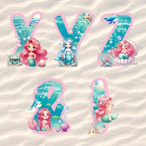 Cute Watercolor Mermaid Birthday Clipart Bundle PNG, Mermaid Alphabet ...
