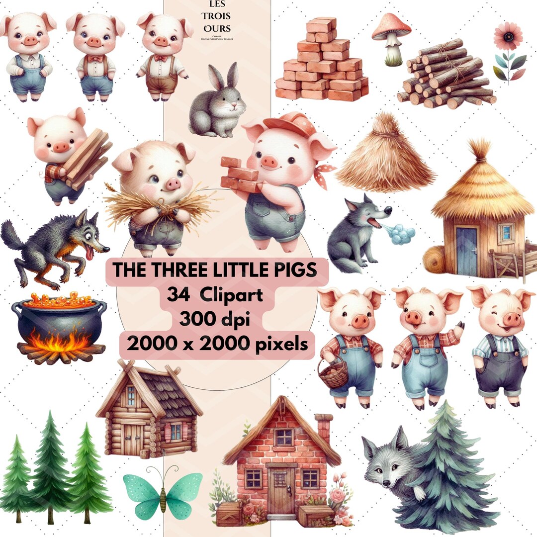 Three Little Pigs Clipart: Watercolor Fairy Tale, Big Bad Wolf (instant ...