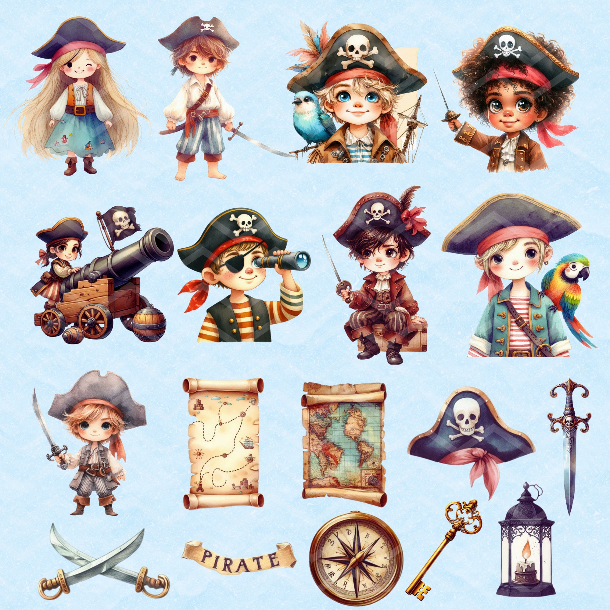 64 Pirate Watercolour Clipart - Cute Pirate Clipart, Pirate Watercolor ...