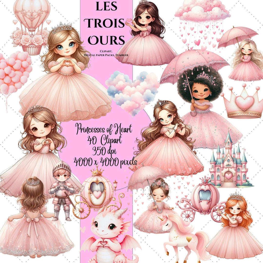 Pink Heart Princess Clipart Bundle: Watercolor Girls (digital Download ...