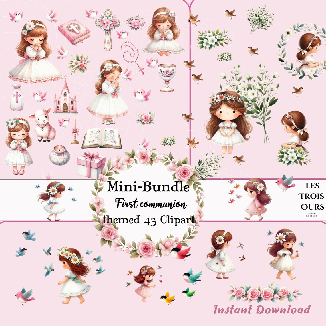Watercolor First Communion Clipart Bundle: Girl, Birds, Flowers ...