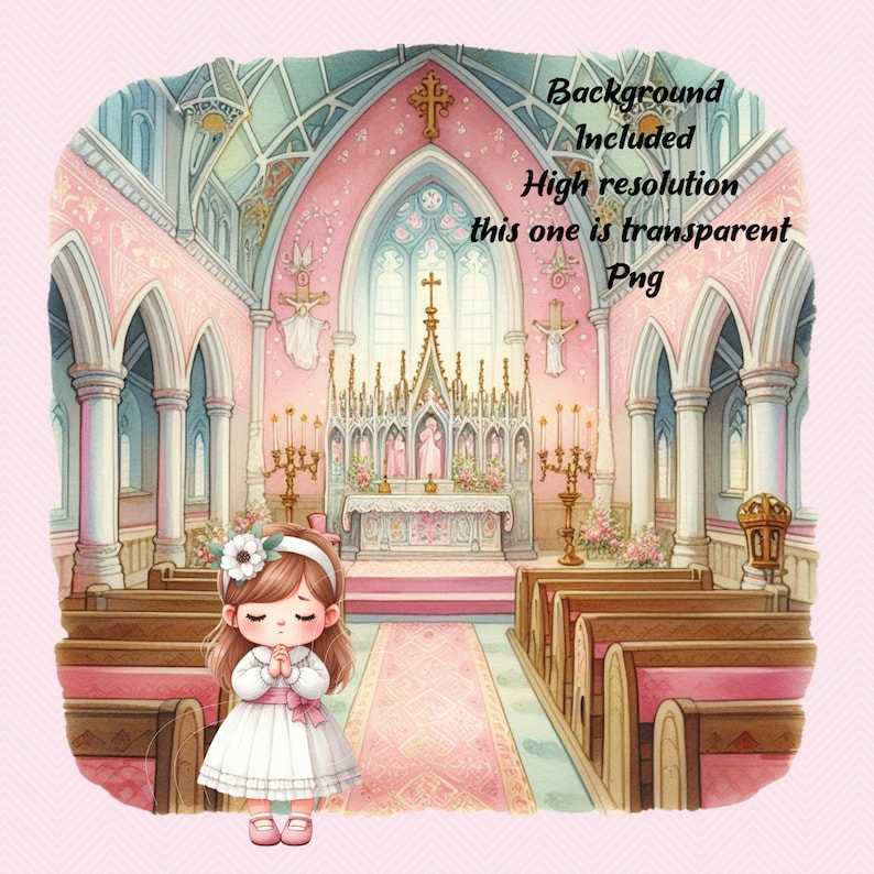First Communion Clipart: Pink Watercolor Girls, Church (digital ...