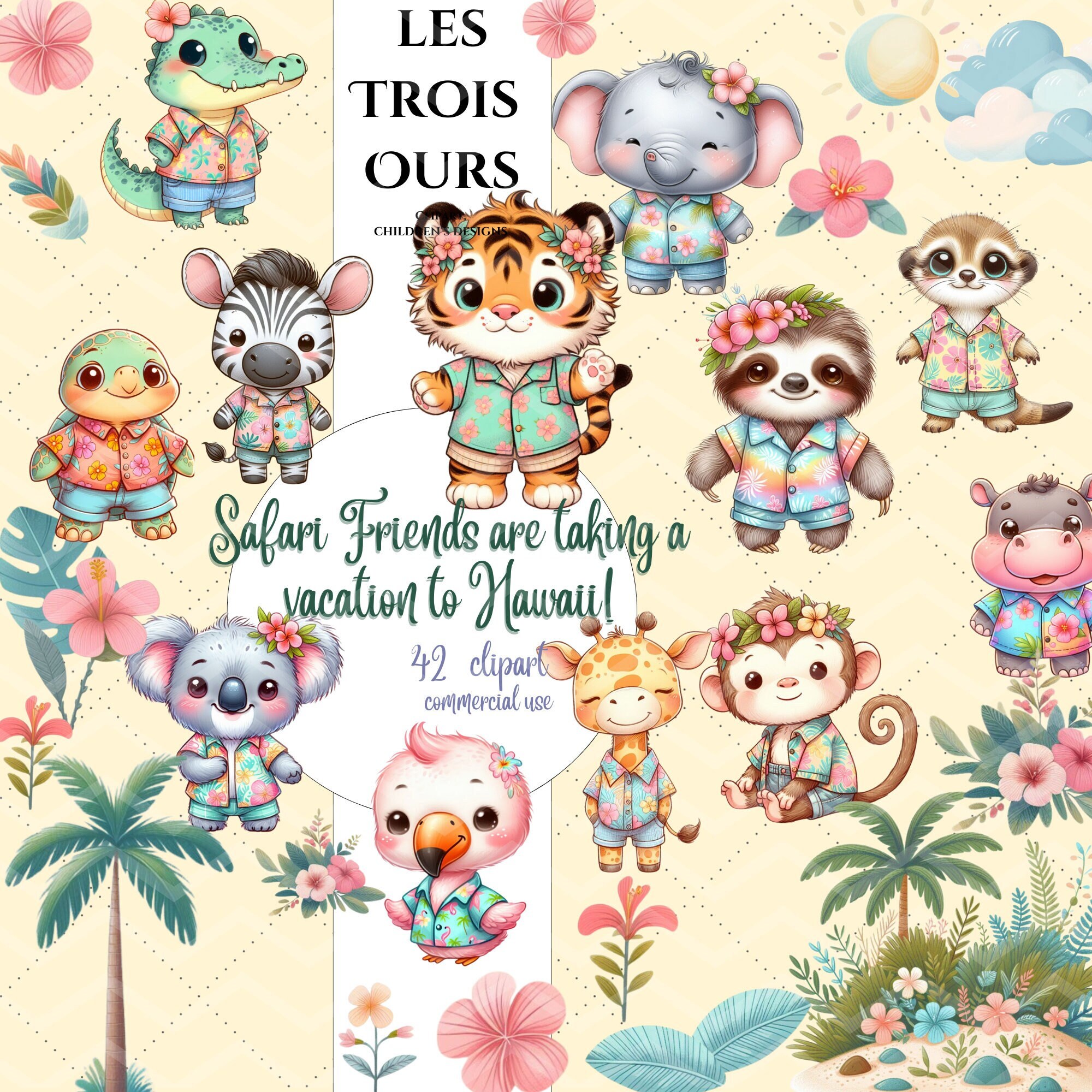 Sweet Safari Animals Hawaiian Animals Clipart, Watercolour Summer Png ...
