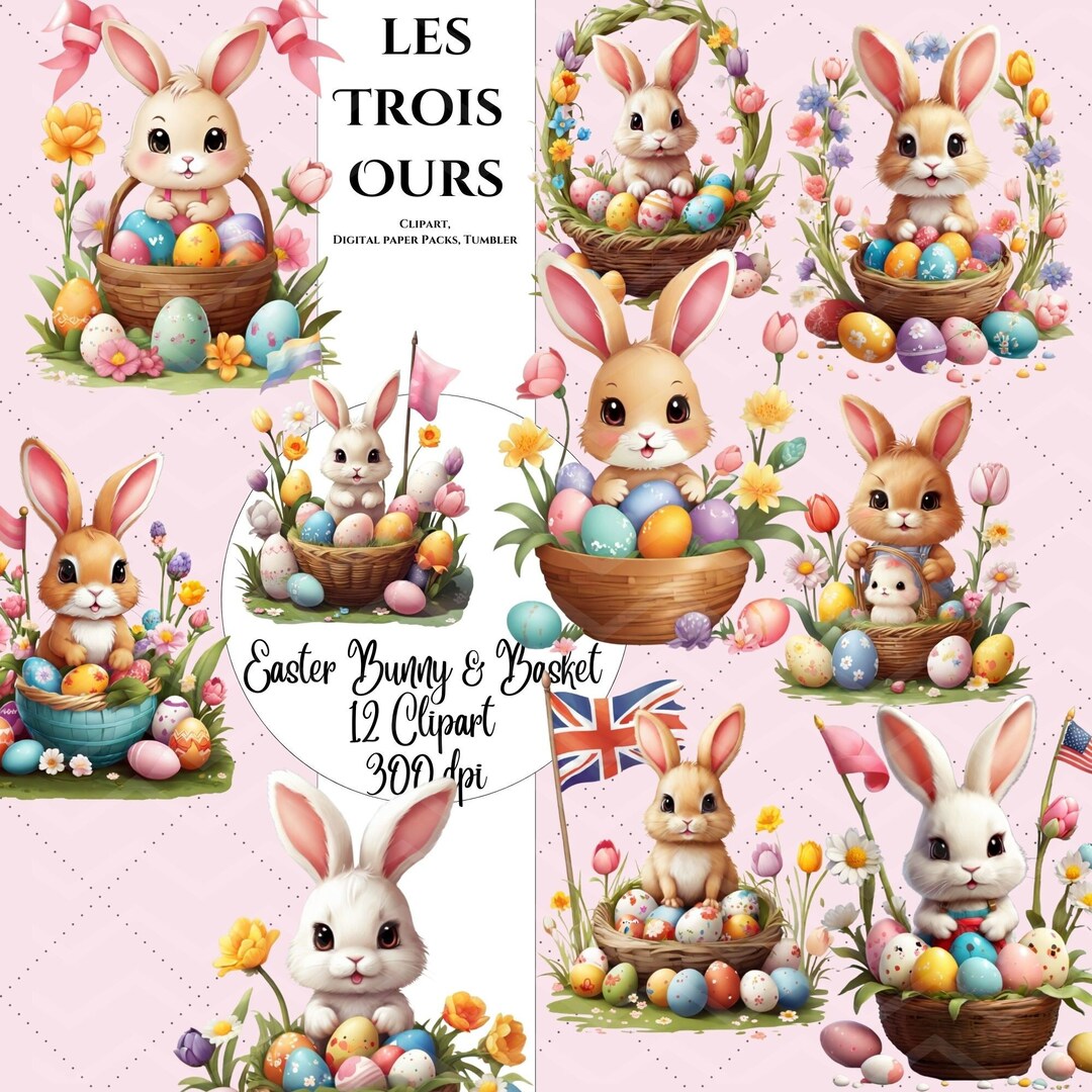 Bunnies and Baskets Clipart, Cute Bunny Clipart, Easter Bunny Eggs ...