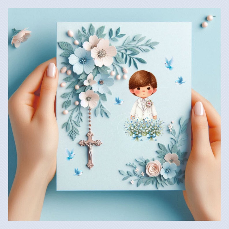 First Communion Clipart: Watercolor Boy, Birds, Flowers (commercial Use ...