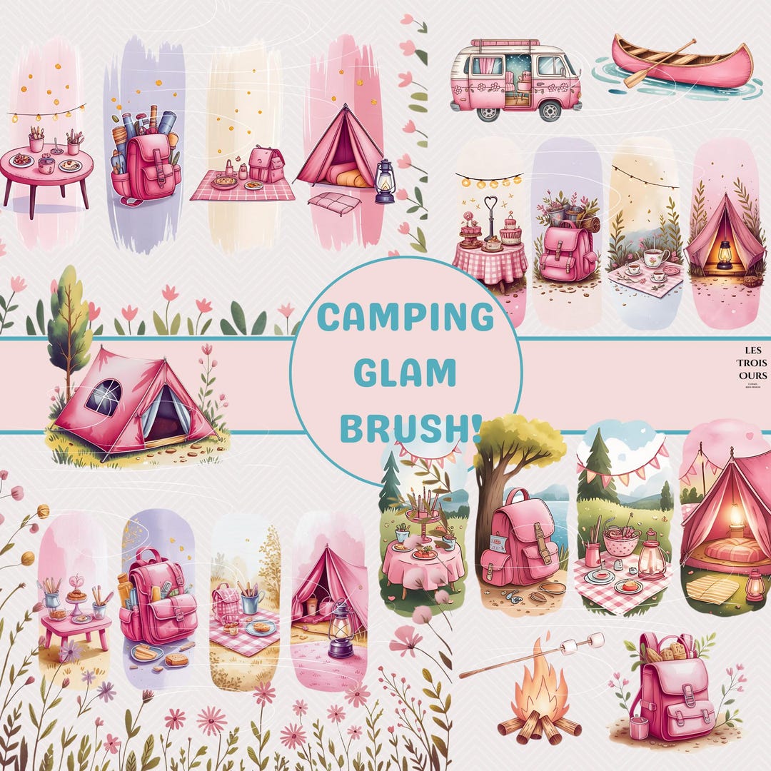 Girly Camping Clipart: Campfire, Tent, Canoe (PNG Digital Download) - Etsy