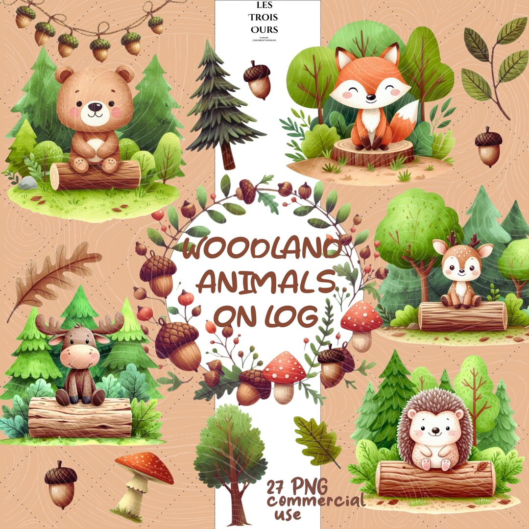 Woodland Animals Watercolor Clipart, Woodland Animals on Log ...