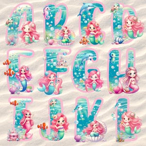 Cute Watercolor Mermaid Birthday Clipart Bundle PNG, Mermaid Alphabet ...
