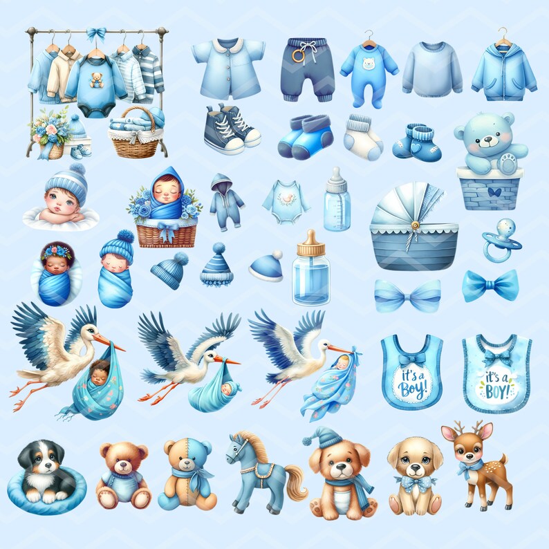 Baby Boy Shower Clipart Bundle: 99 Blue PNG Graphics (commercial Use ...