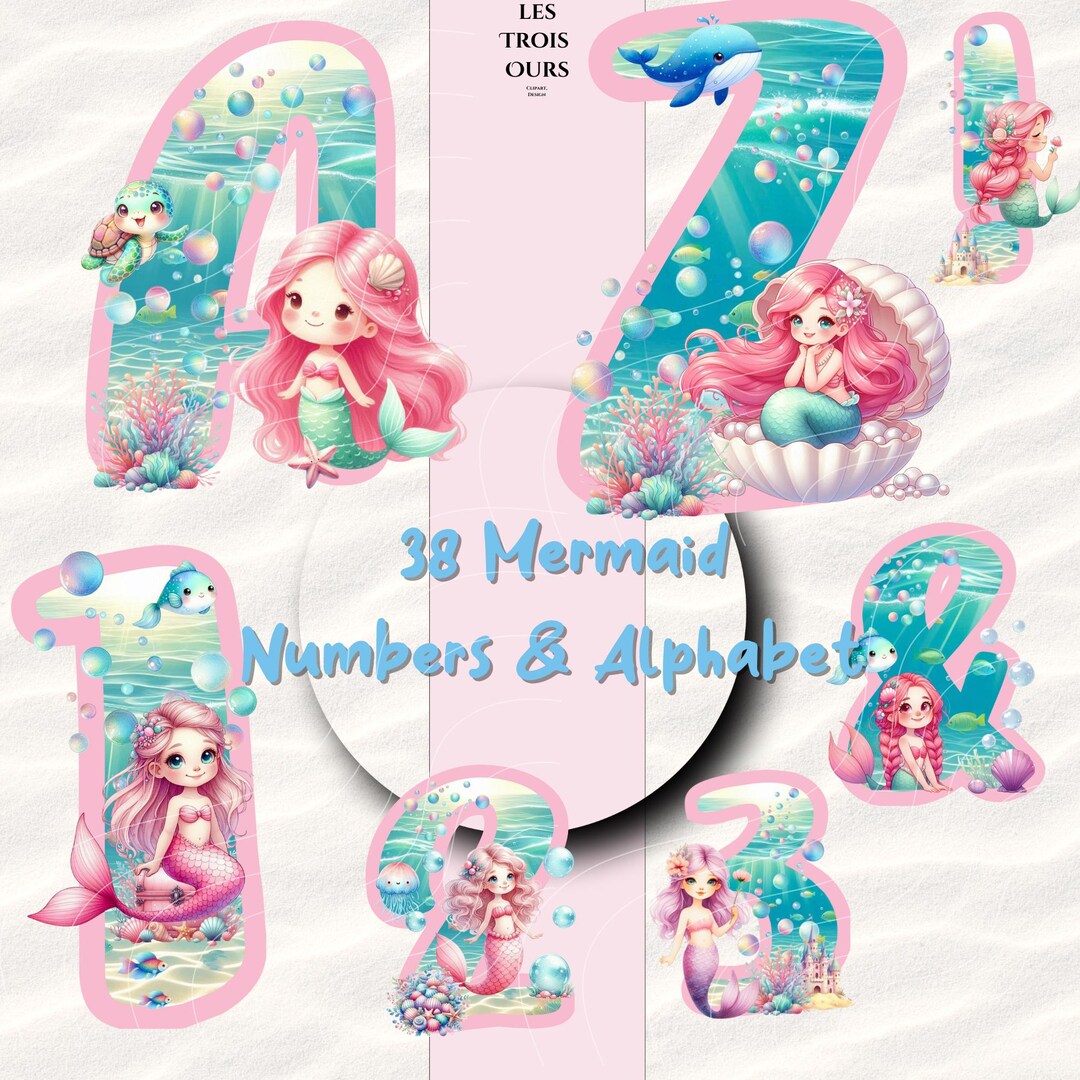 Cute Watercolor Mermaid Birthday Clipart Bundle PNG, Mermaid Alphabet ...