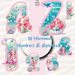 Cute Watercolor Mermaid Birthday Clipart Bundle PNG, Mermaid Alphabet ...