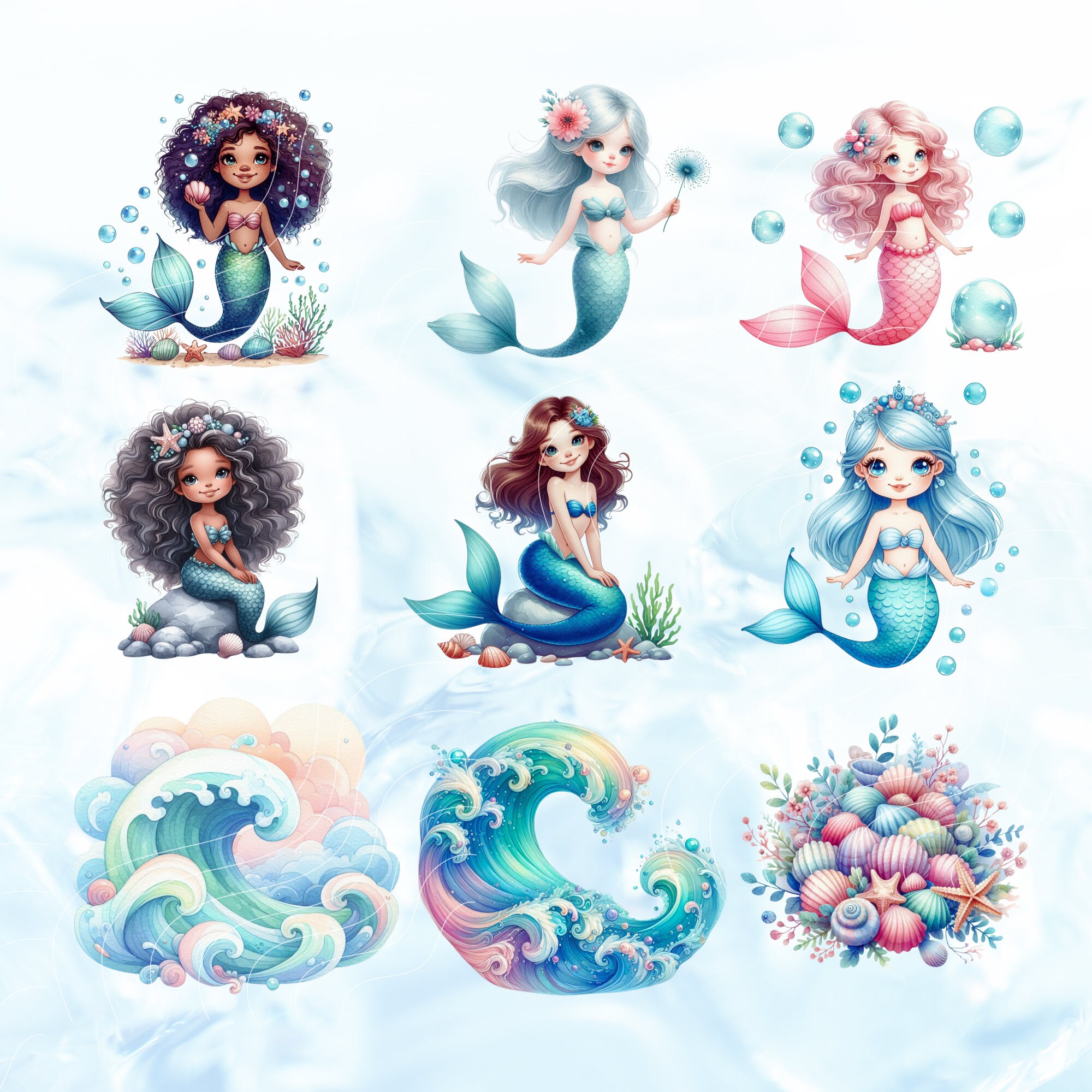 51 Cute Mermaid Clipart, Watercolor Cute Mermaid Clipart, Rainbow ...