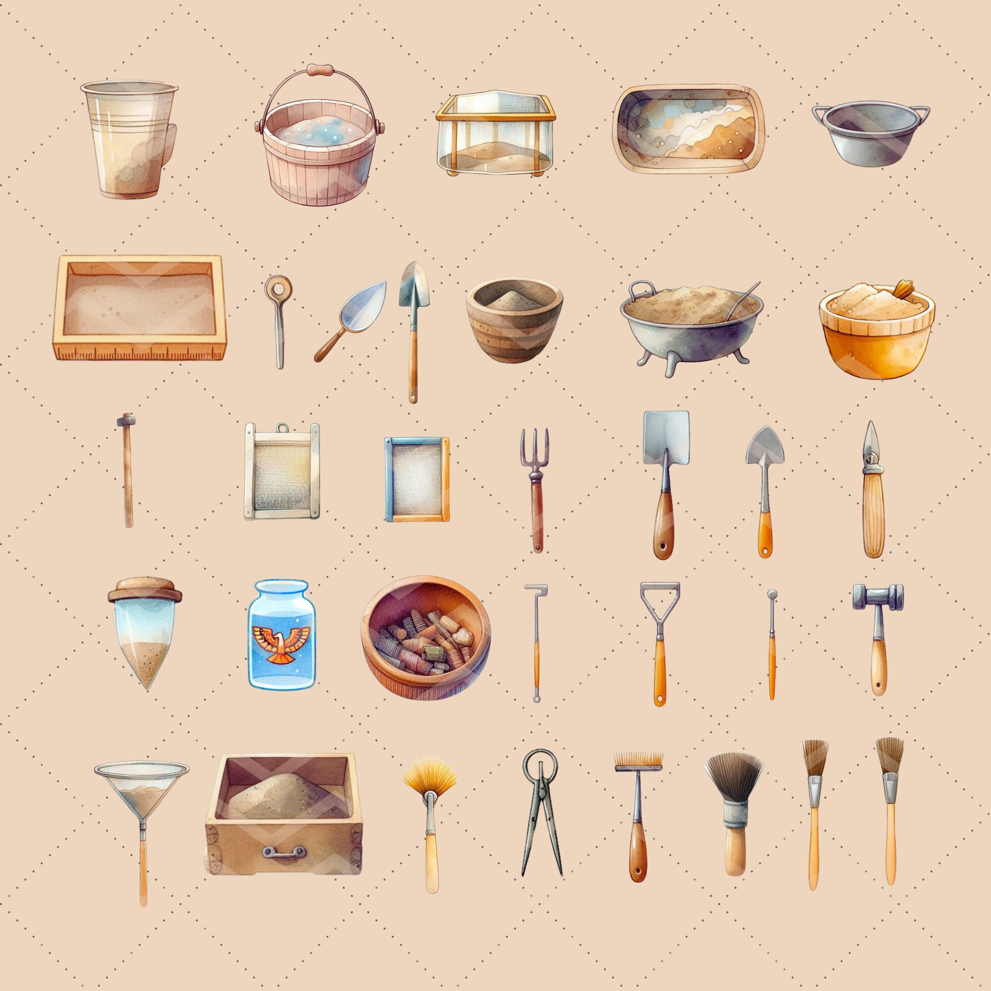 Watercolor Archaeology Clipart: Explorer Adventure Graphics (115 PNG ...