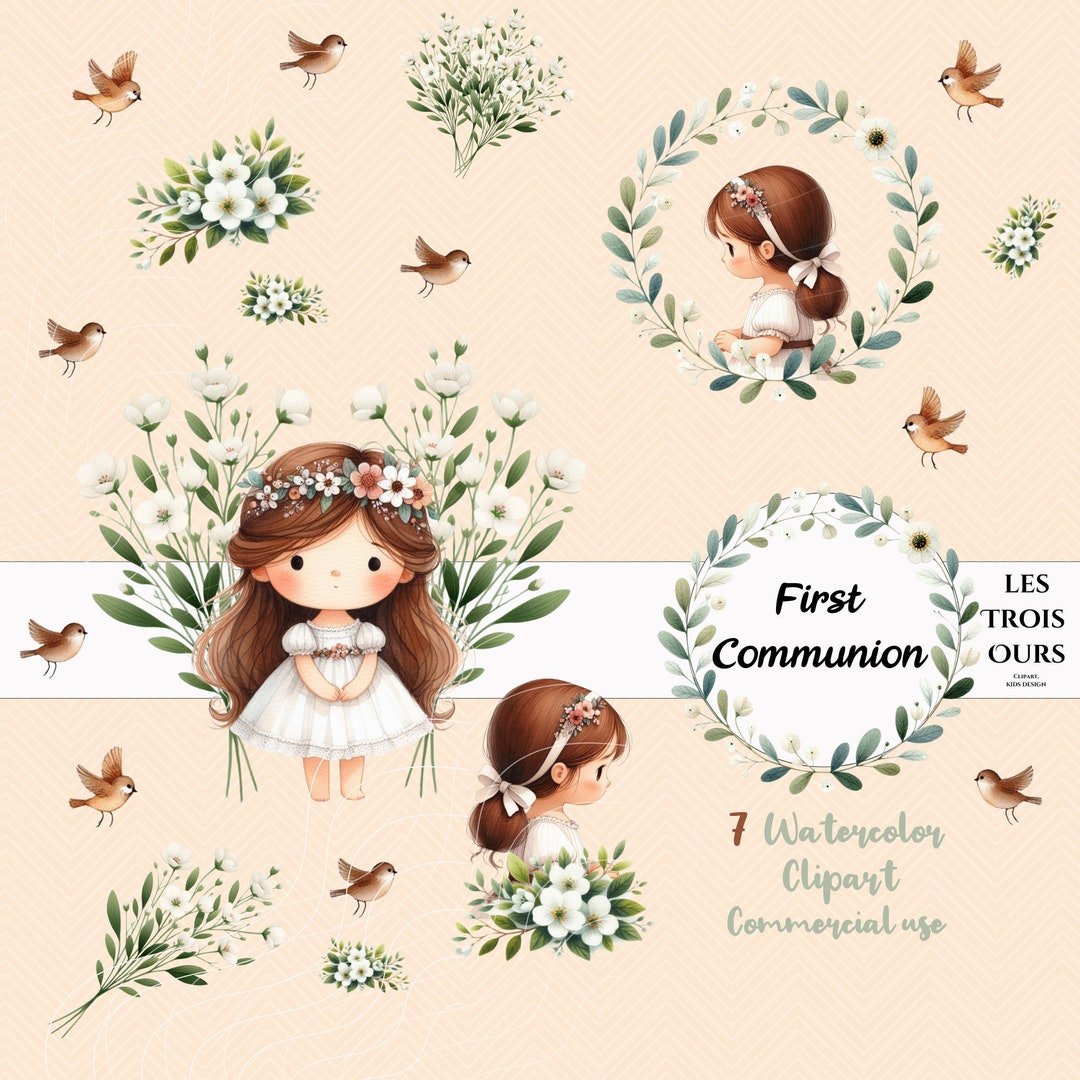 First Communion Clipart: Watercolor Girl, Birds & Flowers (commercial ...