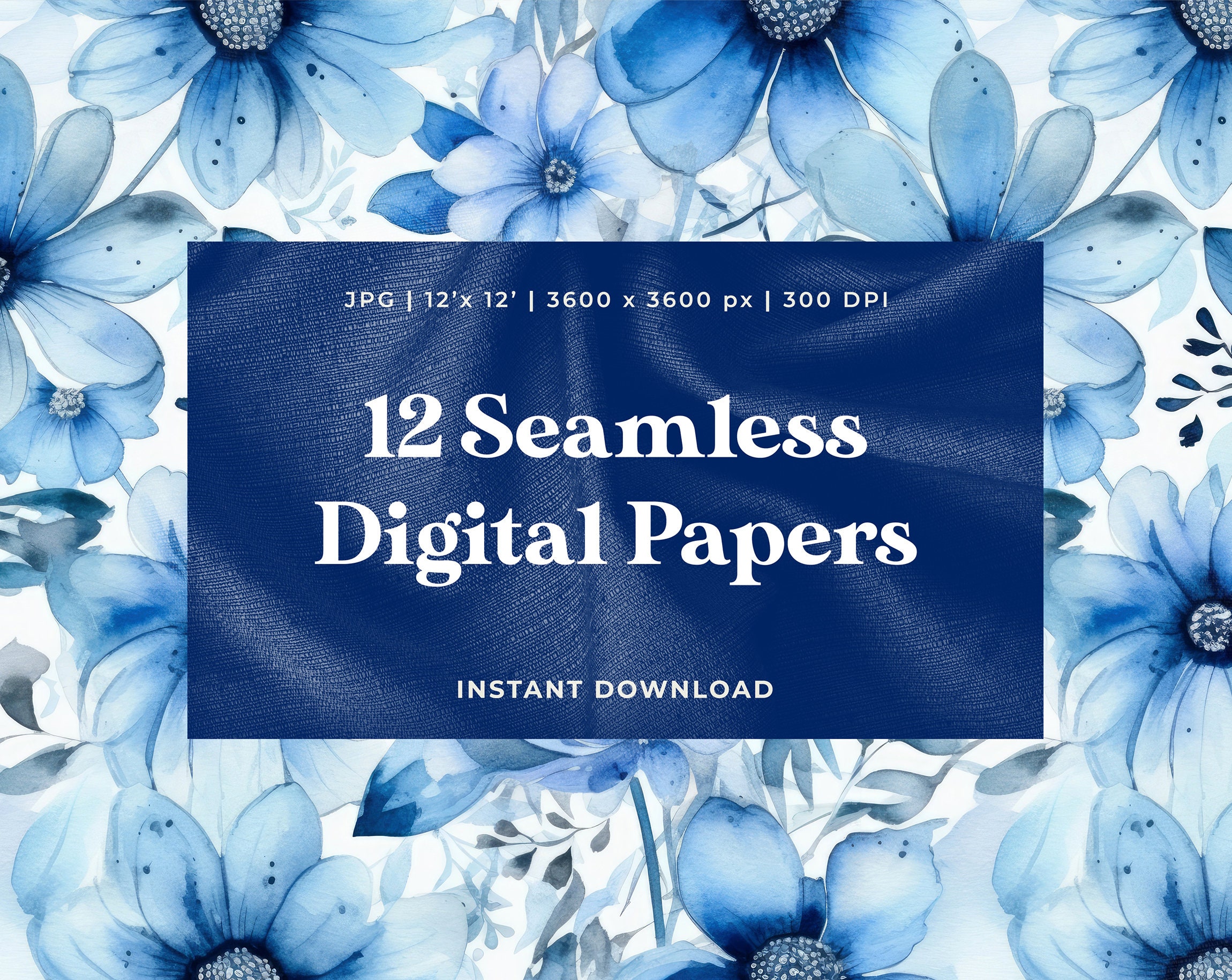 Blue Floral Digital Paper Watercolor Flowers Backgrounds Commercial Use ...