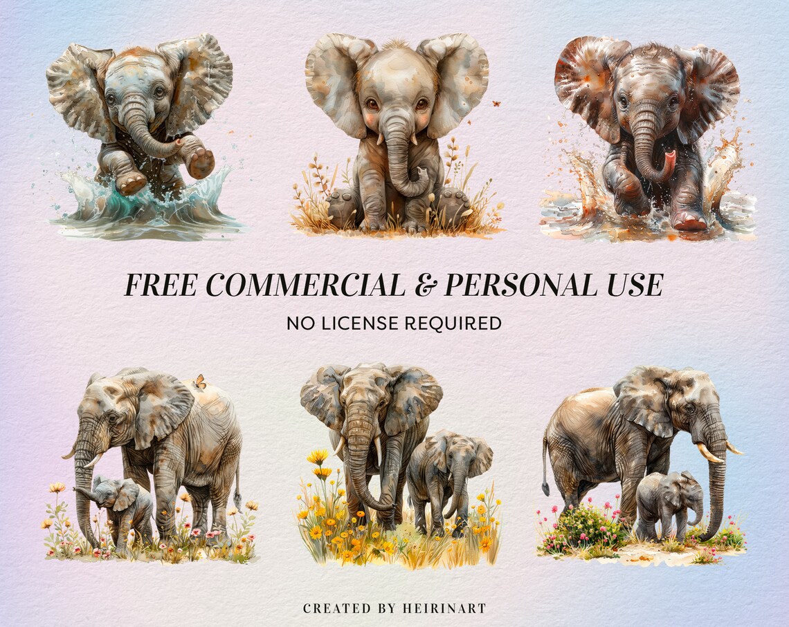 Watercolor Baby Elephant Clipart Cute Elephant PNG Commercial Use ...