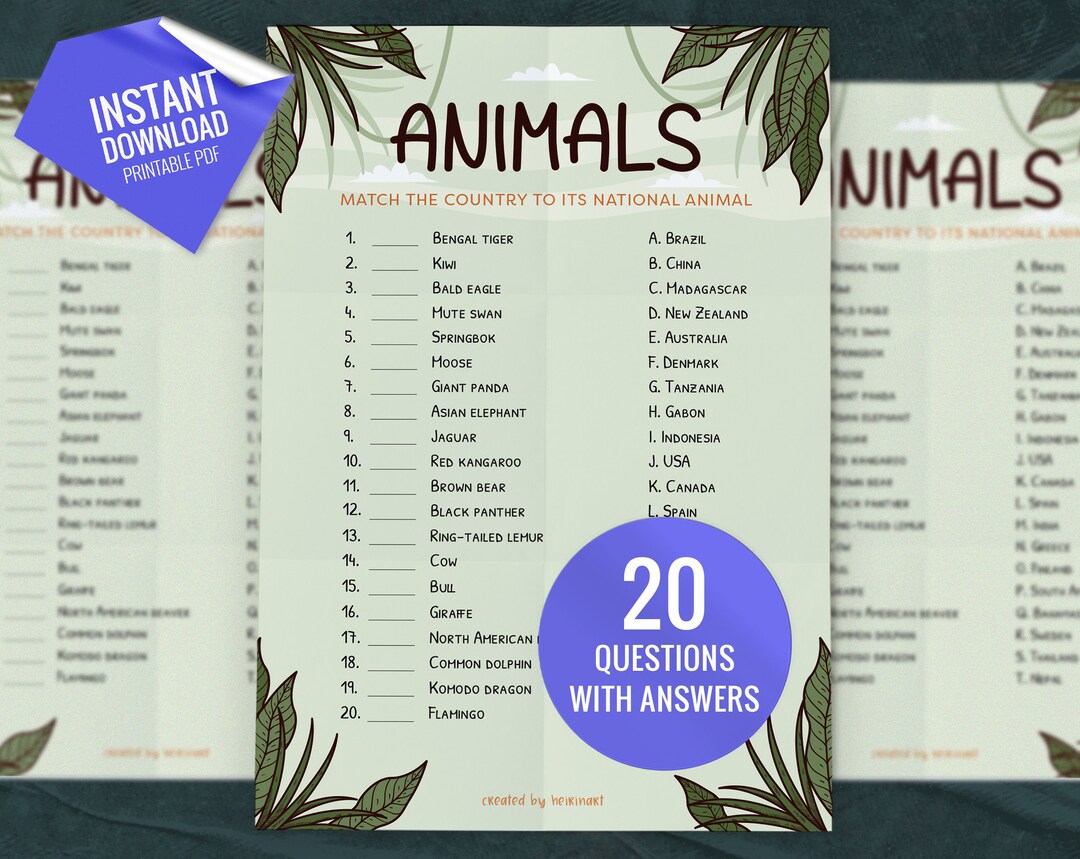 Animals Match up Trivia Game, Printable Party Games, Party Game for ...