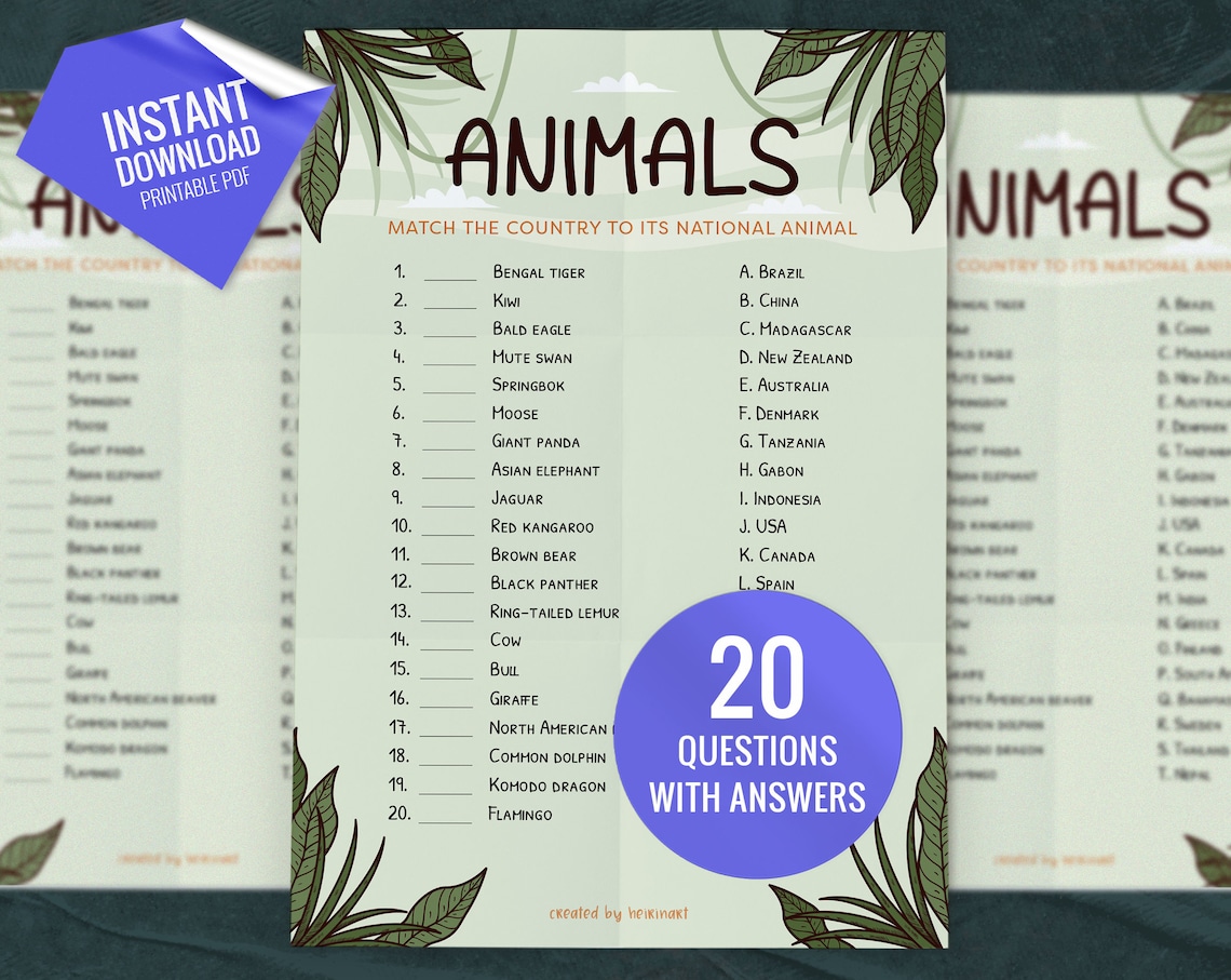 Animals Match up Trivia Game, Printable Party Games, Party Game for ...
