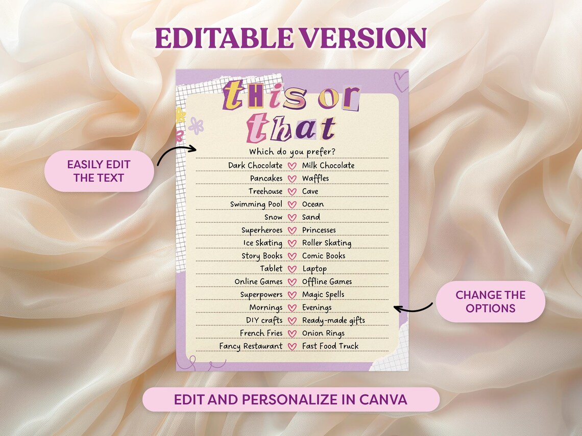 This or That Birthday Game for Her, Printable Editable Party Game ...