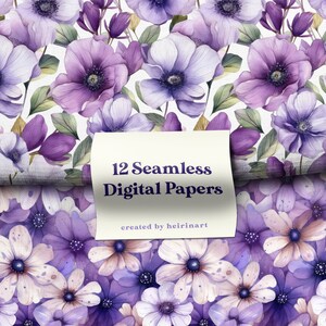 Purple Floral Digital Paper Watercolor Flowers Backgrounds Commercial ...