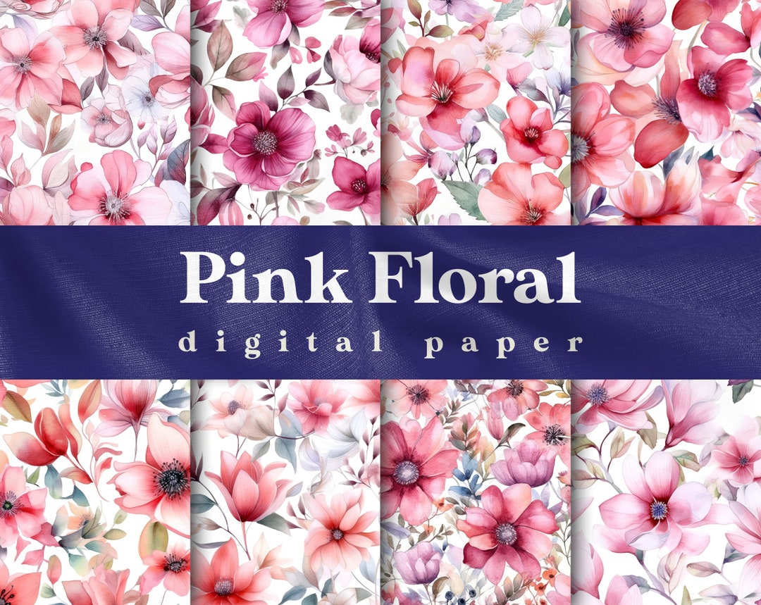 Pink Floral Digital Paper Watercolor Flowers Backgrounds Commercial Use ...