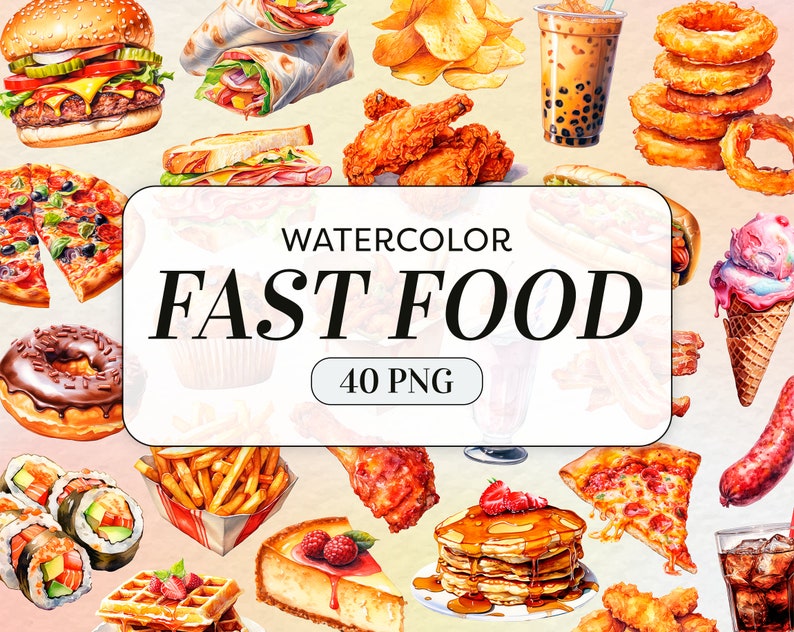 Watercolor Fast Food Clipart - Watercolor Food PNG - Commercial Use ...