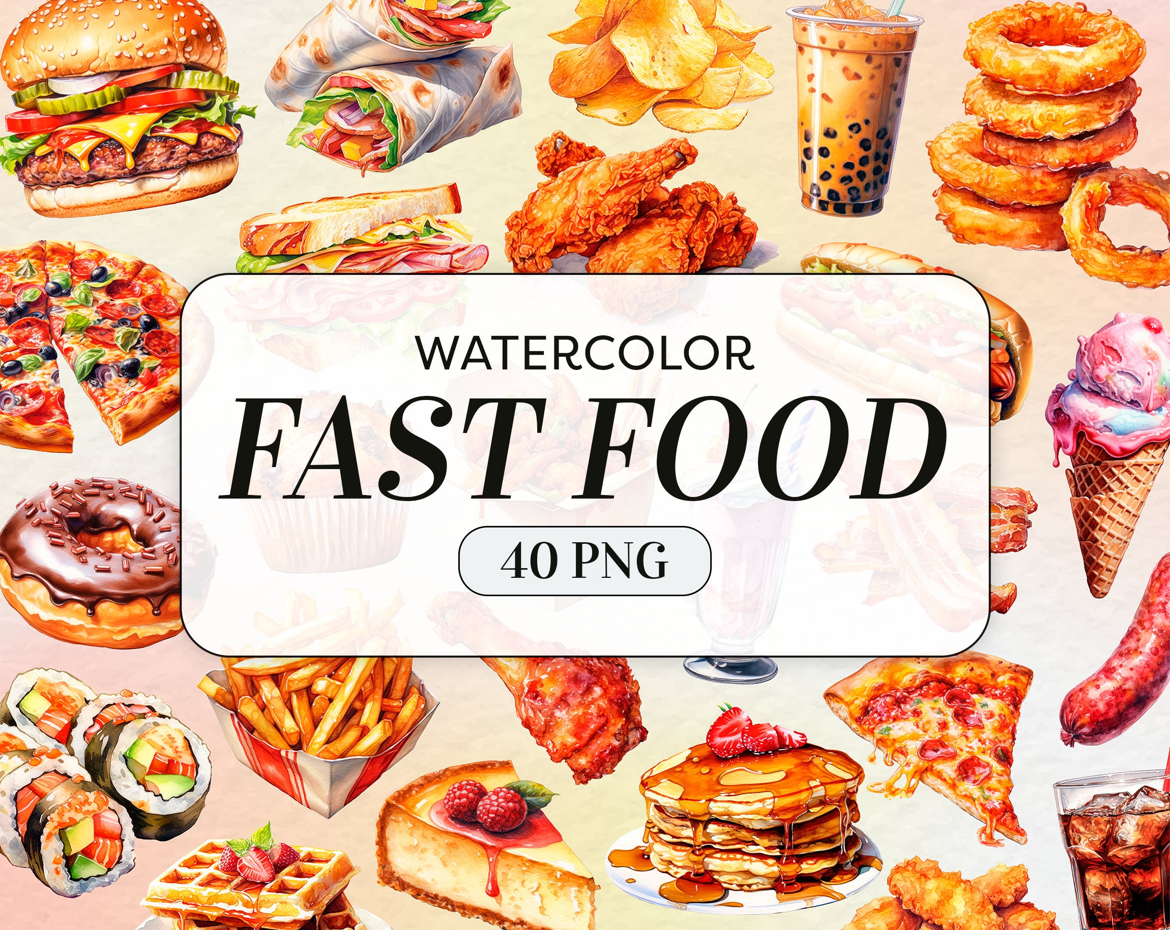Watercolor Fast Food Clipart - Watercolor Food PNG - Commercial Use ...