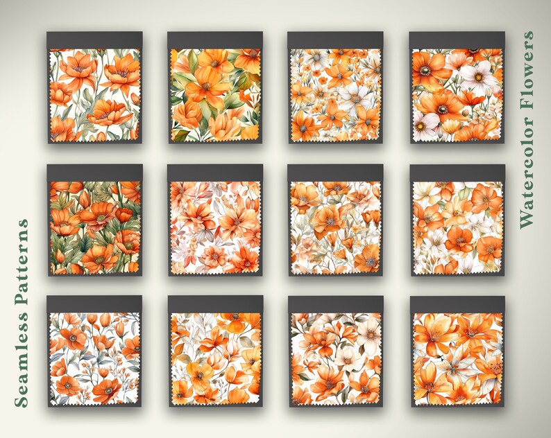 Orange Floral Digital Paper Watercolor Flowers Backgrounds Commercial ...