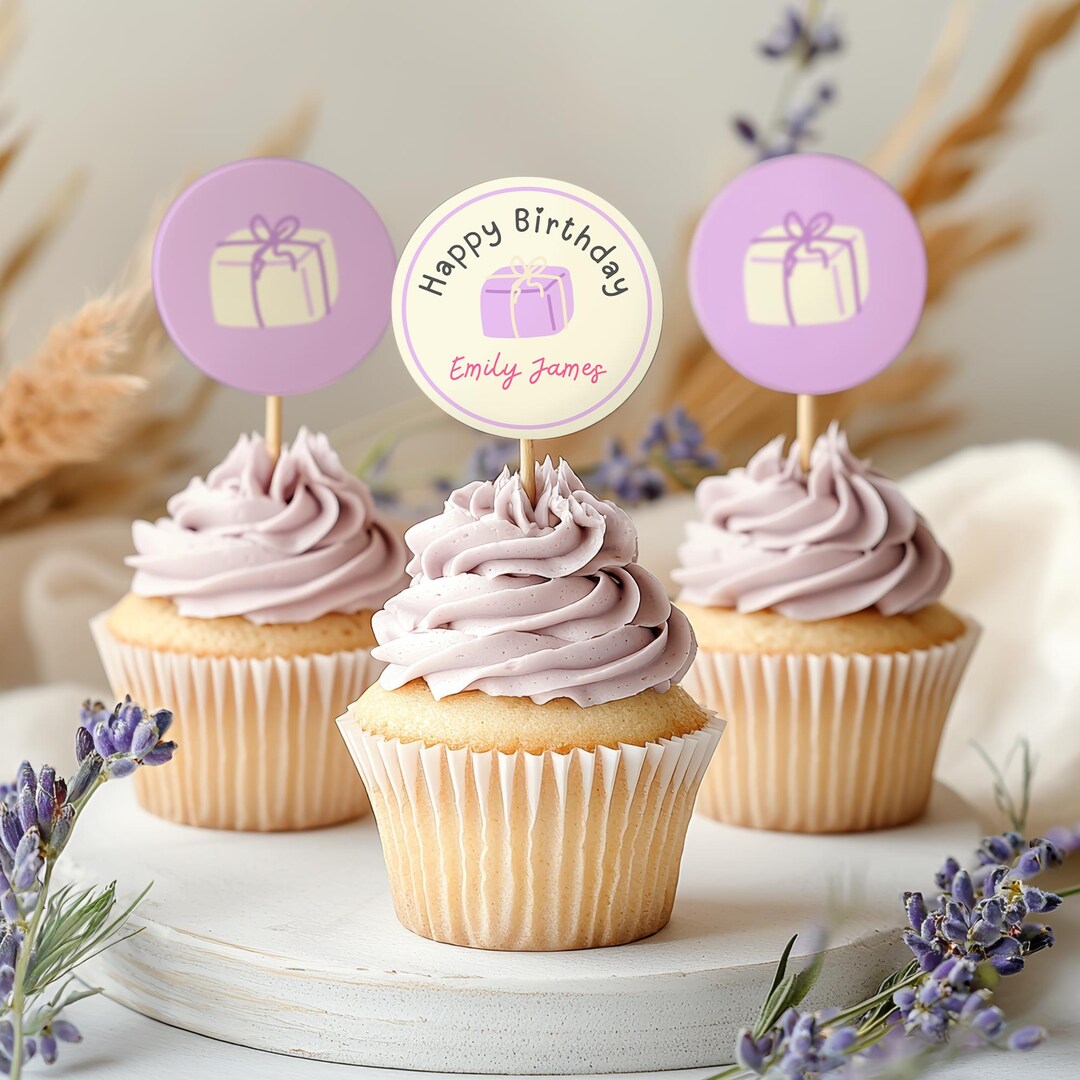 Birthday Cupcake Toppers, Editable Canva Template, Printable Purple ...