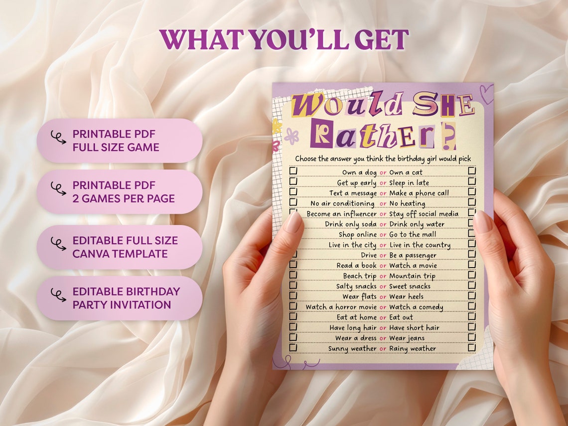 Would She Rather Birthday Girl Game, Printable Editable Birthday Game ...