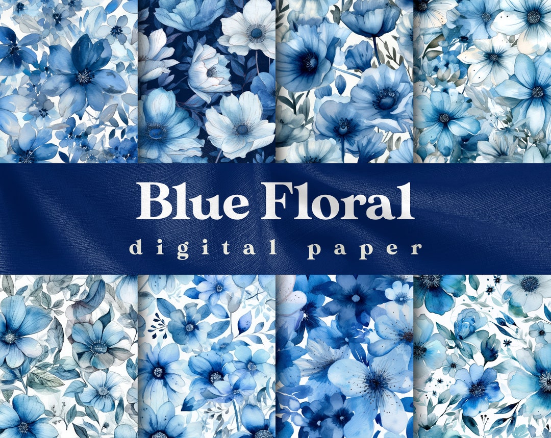Blue Floral Digital Paper Watercolor Flowers Backgrounds Commercial Use ...