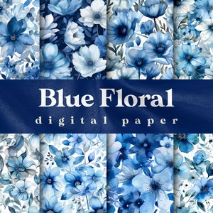 Blue Floral Digital Paper Watercolor Flowers Backgrounds Commercial Use ...