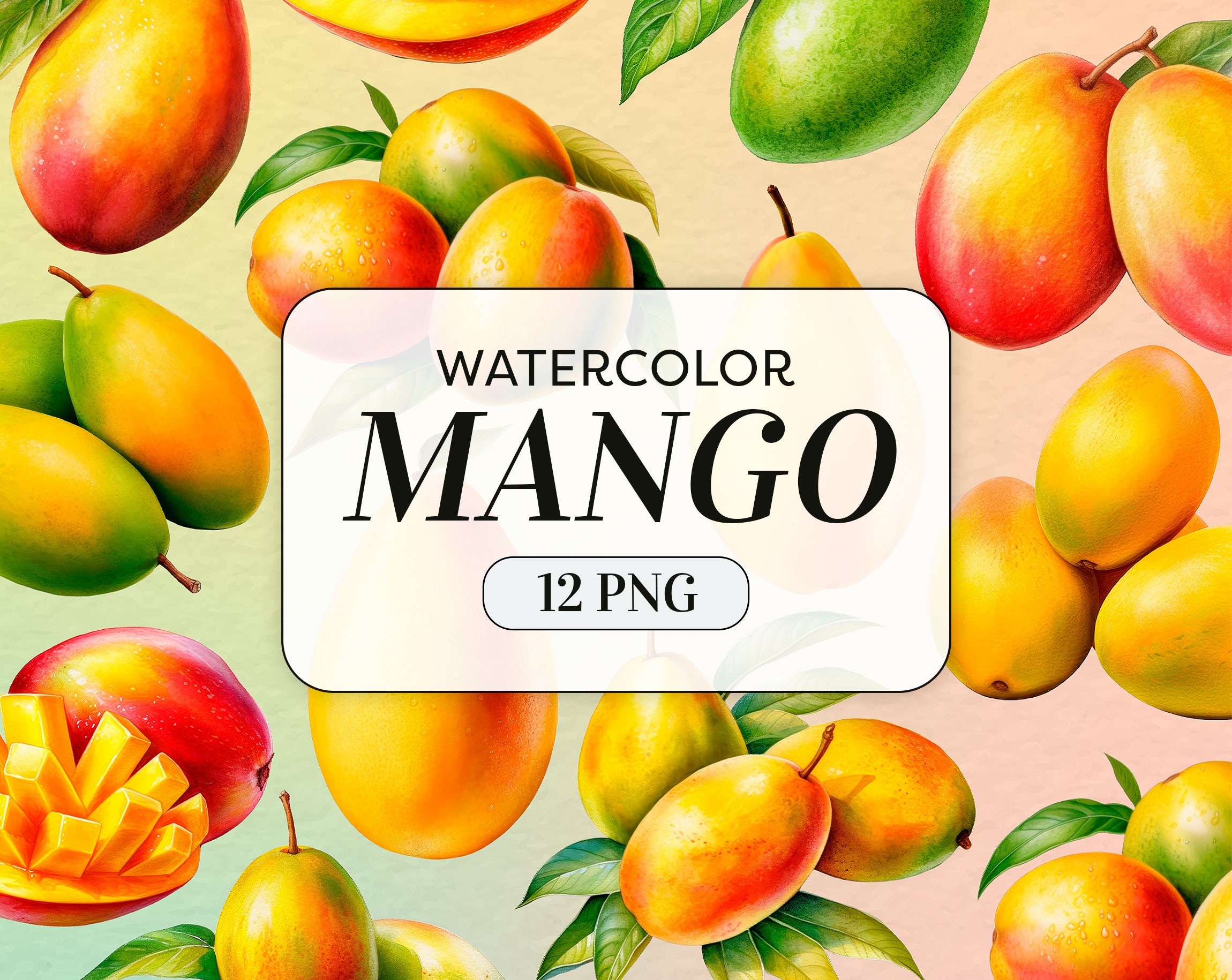 Watercolor Mango Clipart Watercolor Fruits PNG Commercial Use Tropical ...