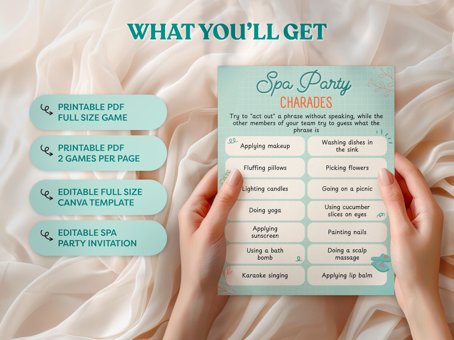 Charades Spa Party Game, Printable & Editable Game, Fun Teens Tweens ...