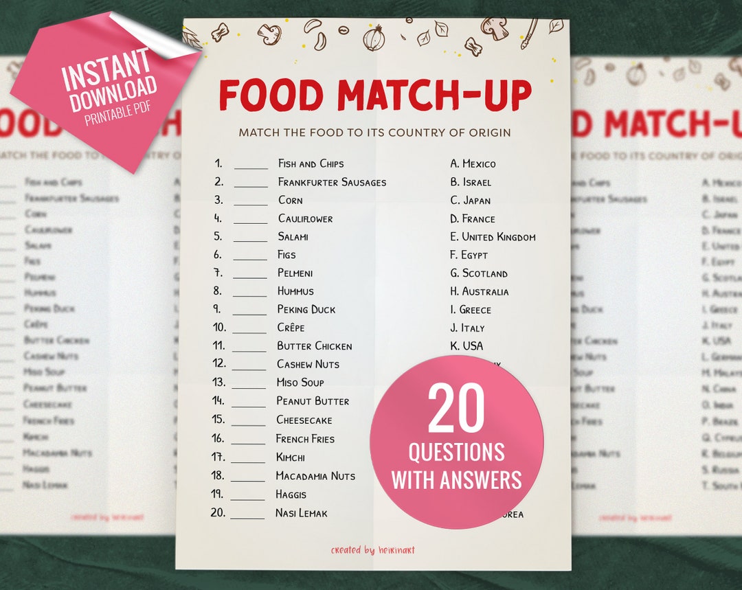 Food Match up Trivia Game, Printable Party Games, Party Game for Kids ...