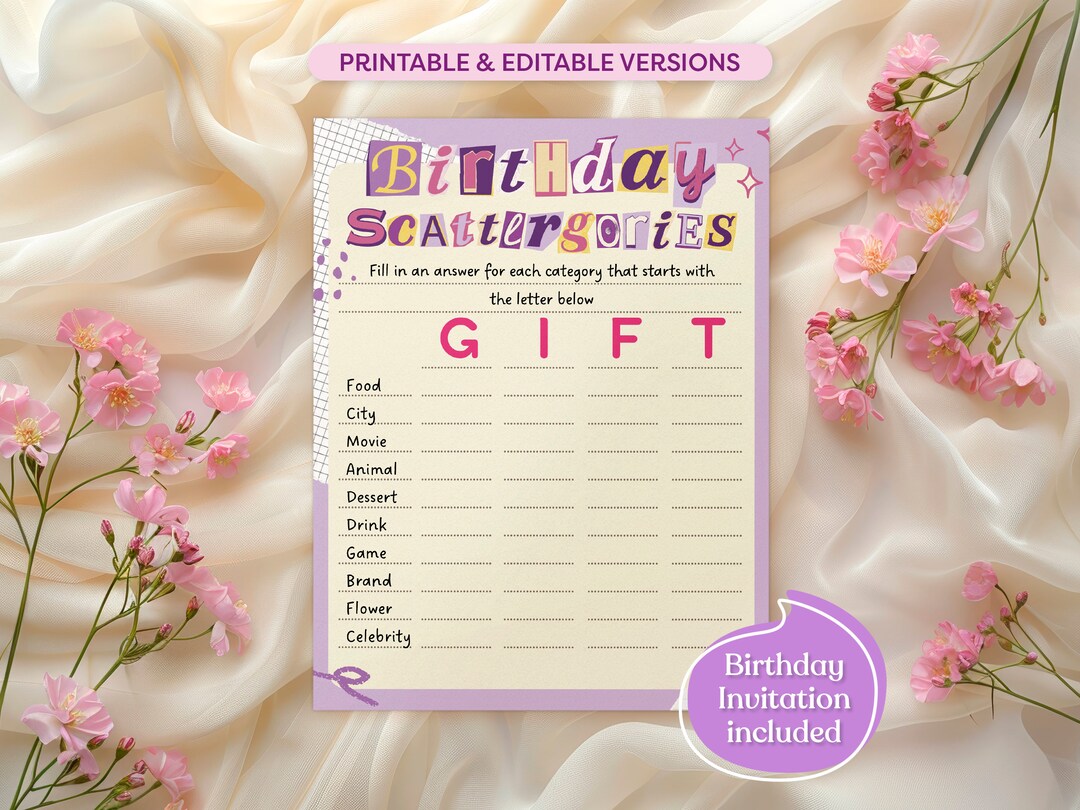 Birthday Scattergories Game for Her, Printable Editable Birthday Game ...