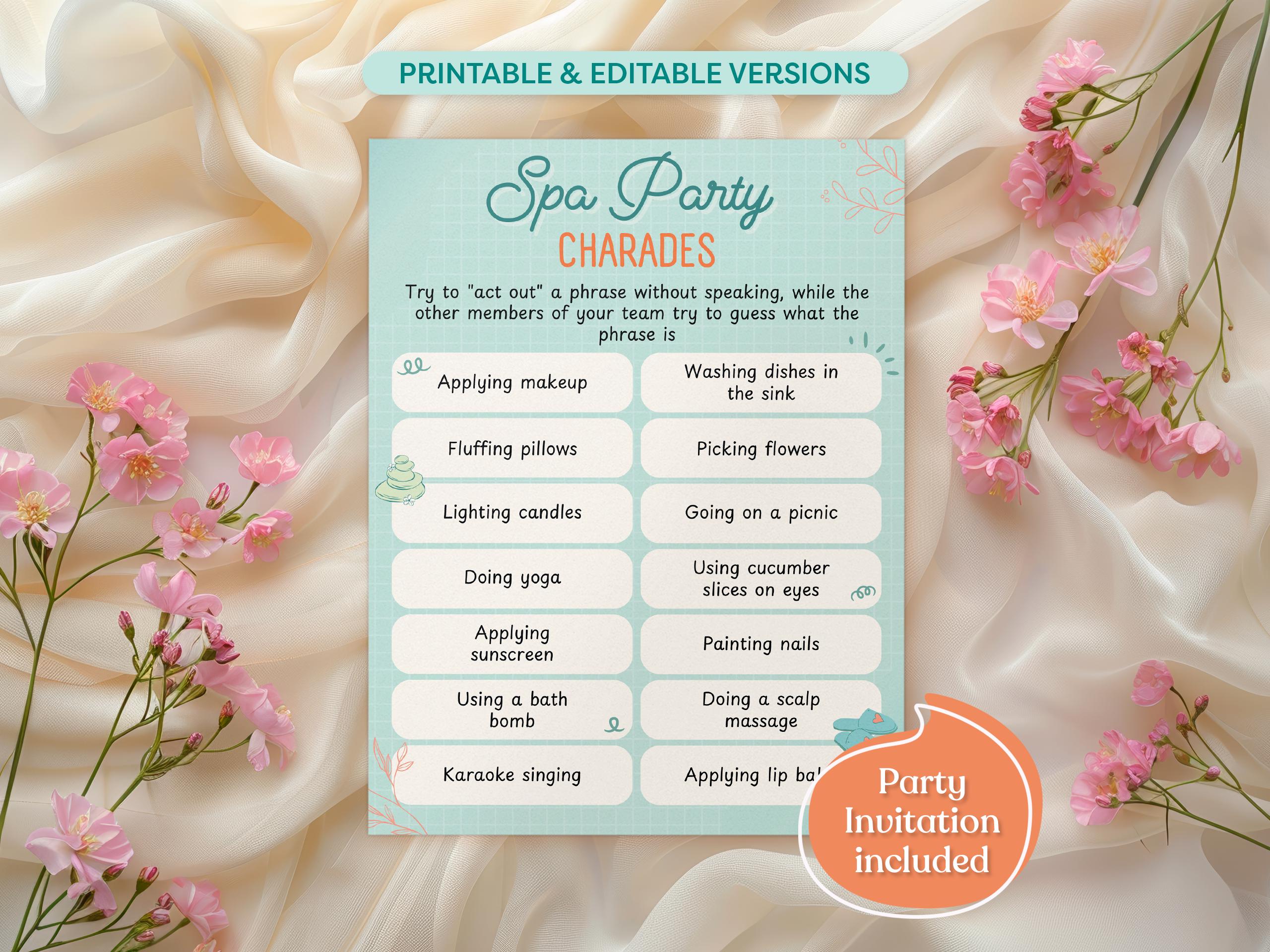 Charades Spa Party Game, Printable & Editable Game, Fun Teens Tweens ...