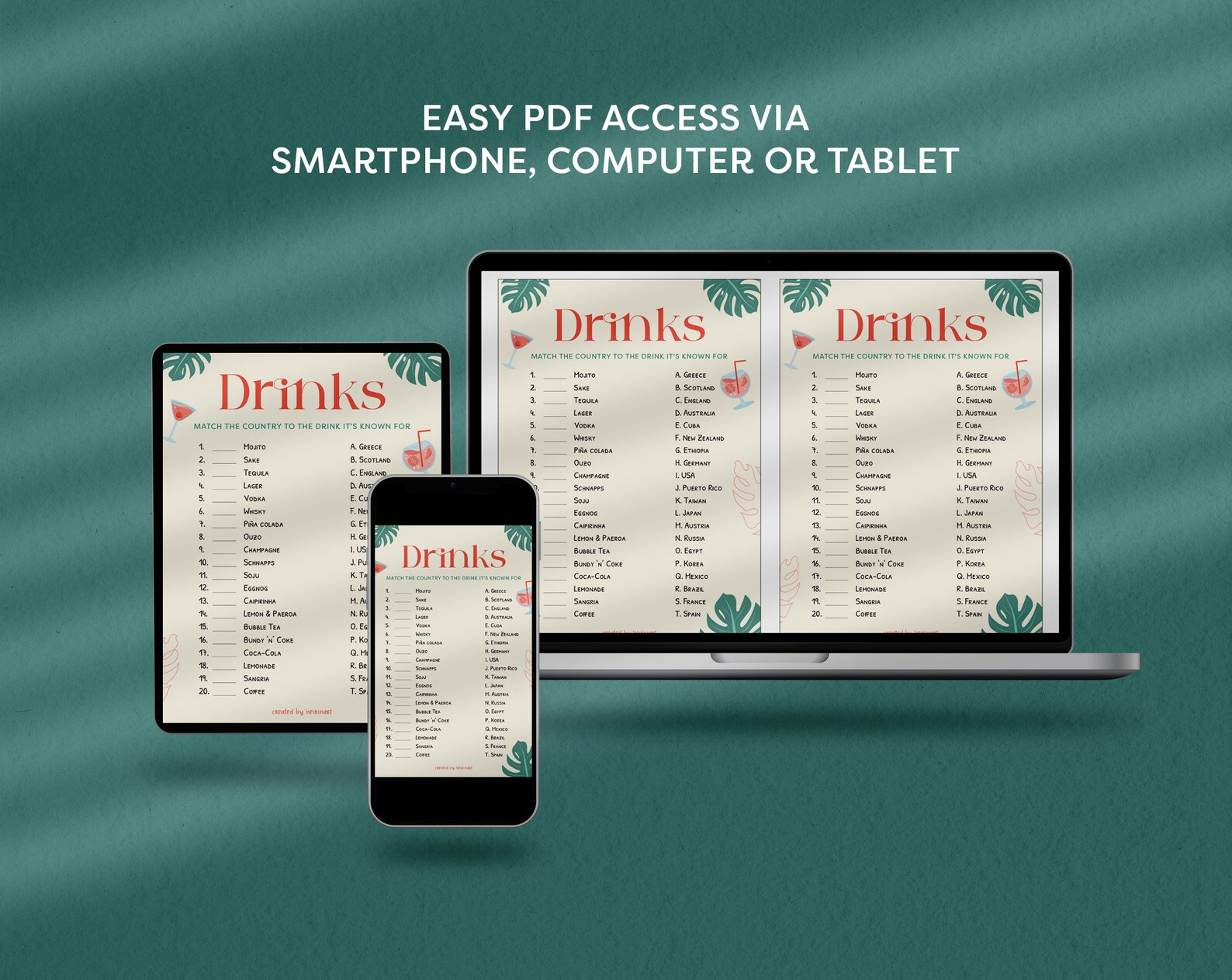 Drinks Match up Trivia Game, Printable Party Games, Party Game for Kids ...