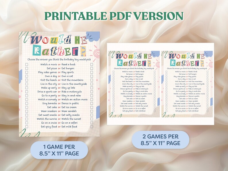 Would He Rather Birthday Boy Game, Printable & Editable Birthday Game ...