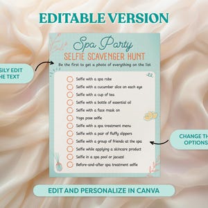 Selfie Scavenger Hunt Spa Party Game, Printable & Editable Game, Fun ...