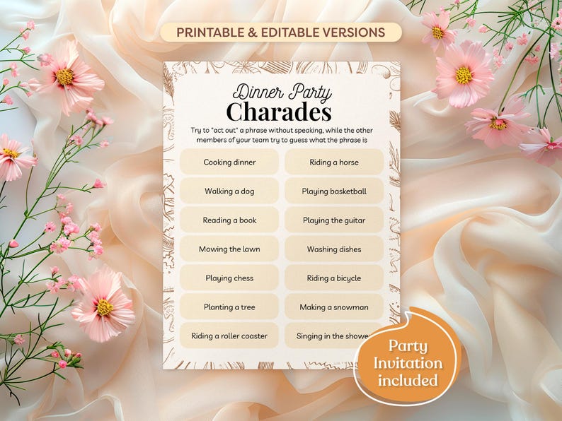 Charades Dinner Party Game, Printable & Editable Game, Icebreaker ...