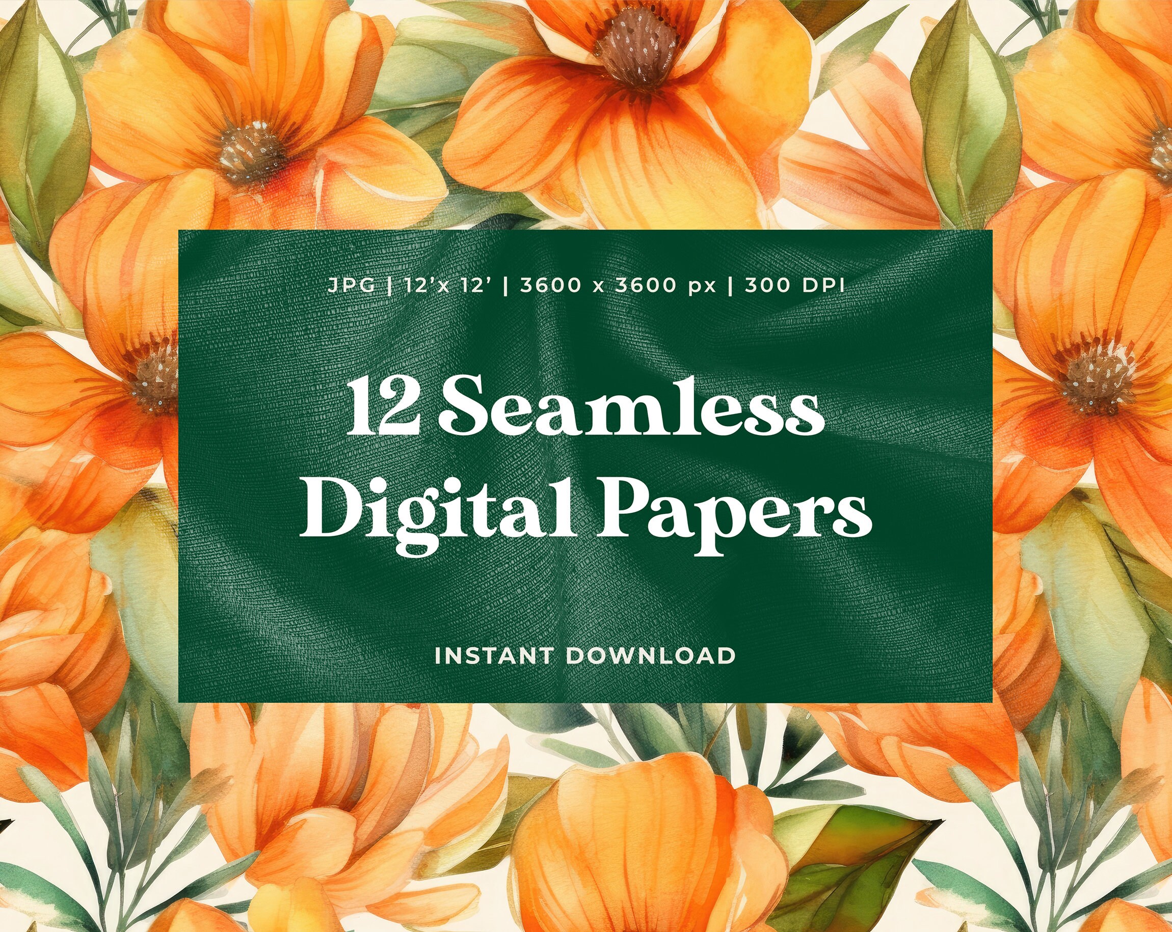 Orange Floral Digital Paper Watercolor Flowers Backgrounds Commercial ...