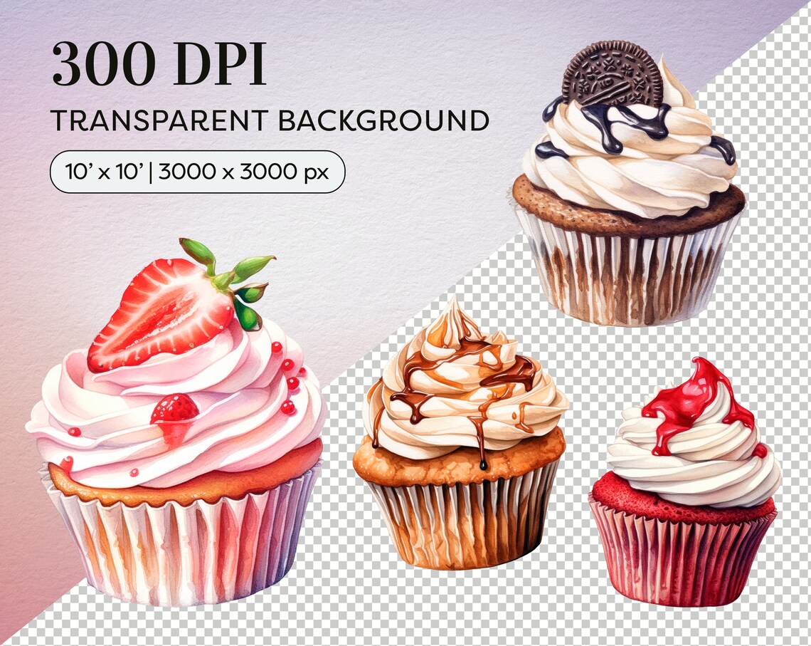 Watercolor Cupcakes Clipart Bakery Sweets PNG Commercial Use Dessert ...