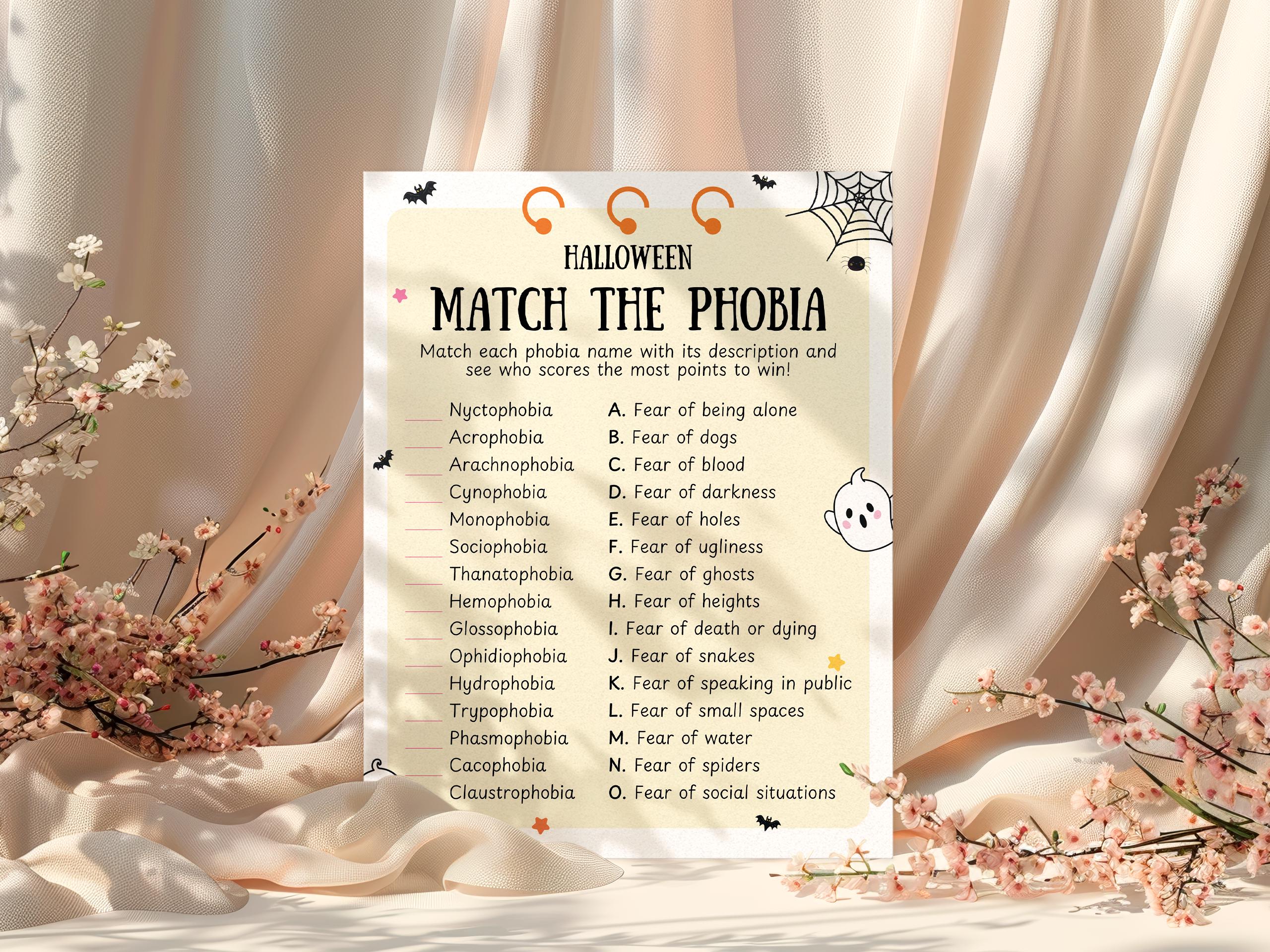 Match the Phobia Halloween Game, Printable & Editable Game, Fun Party ...