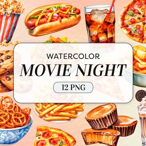 Movie Night Clipart - Watercolor Food PNG - Commercial Use - Popcorn ...