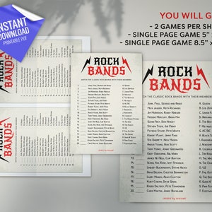 Rock Bands Match up Trivia Game, Printable Party Games, Party Game for ...