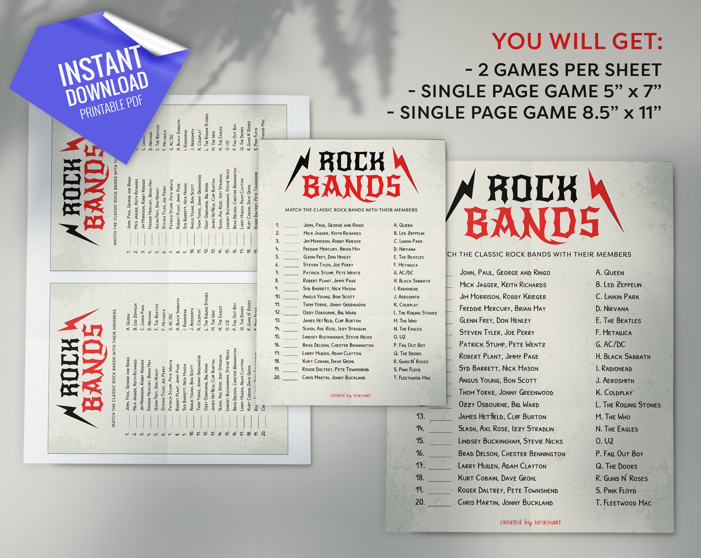 Rock Bands Match up Trivia Game, Printable Party Games, Party Game for ...